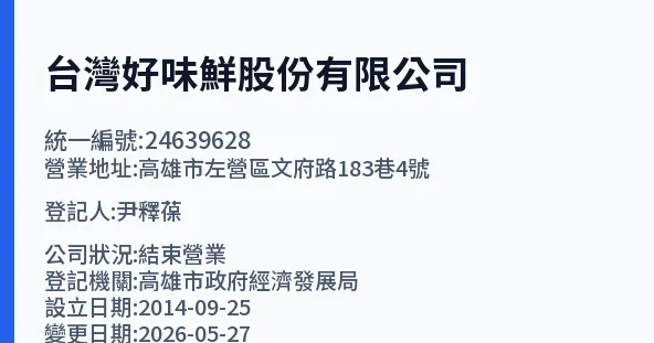 台灣好味鮮股份有限公司的照片-統編 24639628(高雄市) 公司登記資料與營業項目詳細圖表