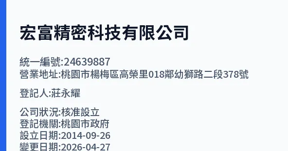 宏富精密科技有限公司的照片-統編 24639887(桃園市) 公司登記資料與營業項目詳細圖表
