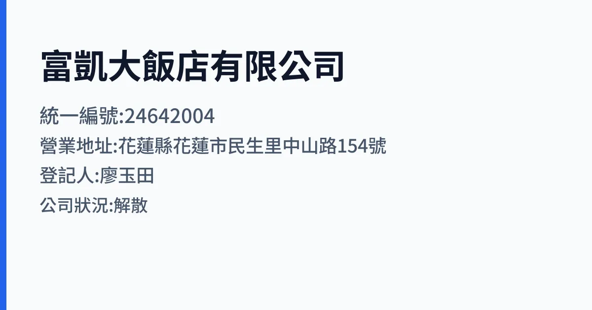 富凱大飯店有限公司 - 統編 24642004(花蓮縣) 公司登記資料與營業項目詳細圖表