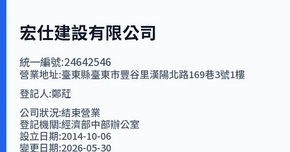 宏仕建設有限公司的照片-統編 24642546(臺東縣) 公司登記資料與營業項目詳細圖表