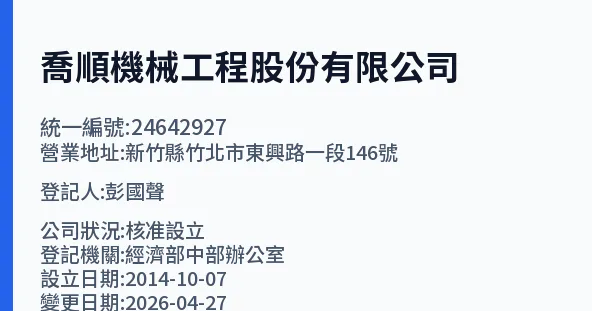 喬順機械工程股份有限公司的照片-統編 24642927(新竹縣) 公司登記資料與營業項目詳細圖表
