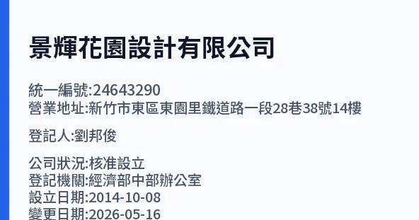 景輝花園設計有限公司的照片-統編 24643290(新竹市) 公司登記資料與營業項目詳細圖表