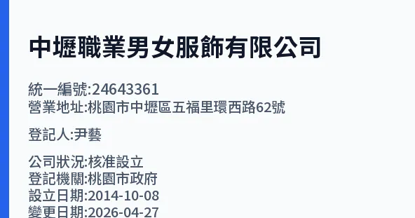 中壢職業男女服飾有限公司的照片-統編 24643361(桃園市) 公司登記資料與營業項目詳細圖表