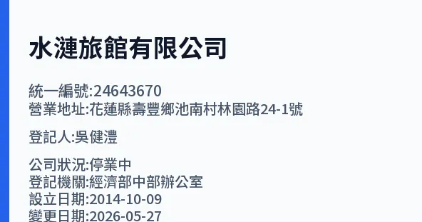 水漣旅館有限公司的照片-統編 24643670(花蓮縣) 公司登記資料與營業項目詳細圖表