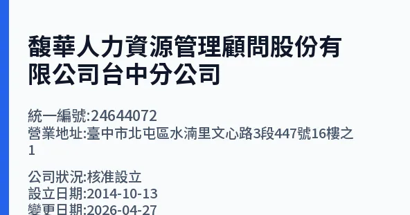 馥華人力資源管理顧問股份有限公司台中分公司的照片-統編 24644072(臺中市) 公司登記資料與營業項目詳細圖表