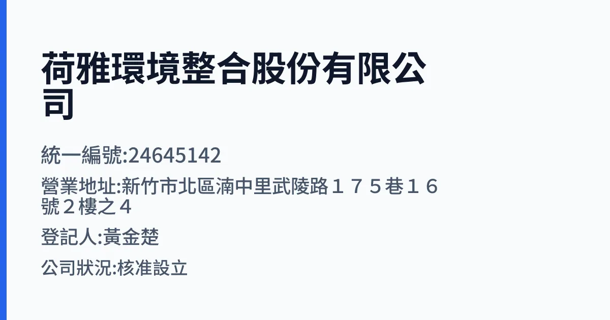 荷雅環境整合股份有限公司 - 統編 24645142(新竹市) 公司登記資料與營業項目詳細圖表