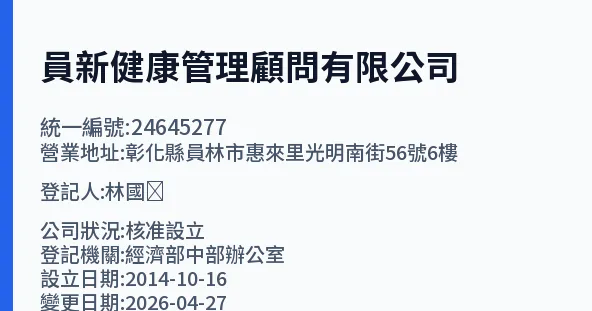 員新健康管理顧問有限公司的照片-統編 24645277(彰化縣) 公司登記資料與營業項目詳細圖表