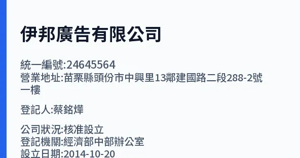 伊邦廣告有限公司的照片-統編 24645564(苗栗縣) 公司登記資料與營業項目詳細圖表