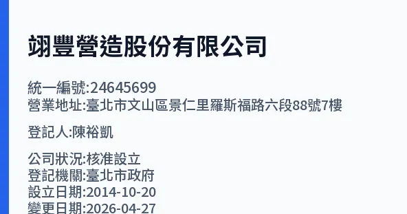 翊豐營造股份有限公司的照片-統編 24645699(臺北市) 公司登記資料與營業項目詳細圖表