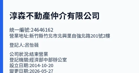 淳森不動產仲介有限公司的照片-統編 24646162(新竹縣) 公司登記資料與營業項目詳細圖表