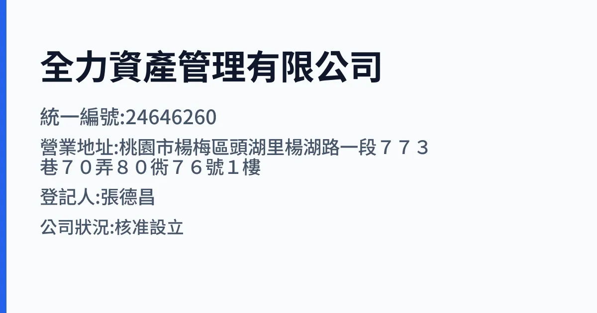全力資產管理有限公司 - 統編 24646260(桃園市) 公司登記資料與營業項目詳細圖表