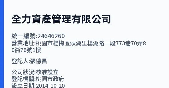 全力資產管理有限公司的照片-統編 24646260(桃園市) 公司登記資料與營業項目詳細圖表