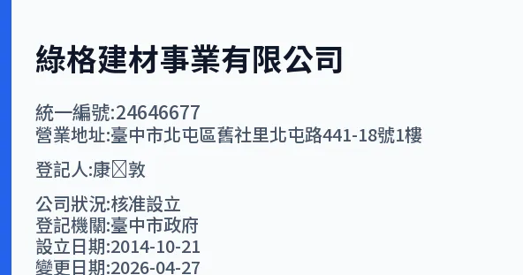 綠格建材事業有限公司的照片-統編 24646677(臺中市) 公司登記資料與營業項目詳細圖表