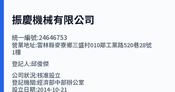 振慶機械有限公司的照片-統編 24646753(雲林縣) 公司登記資料與營業項目詳細圖表
