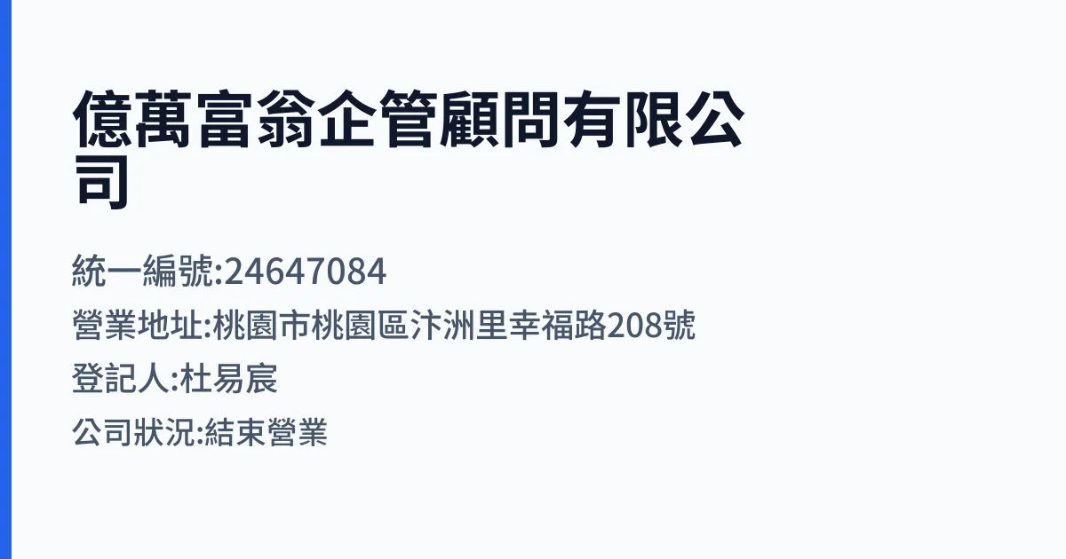 億萬富翁企管顧問有限公司 - 統編 24647084(桃園市) 公司登記資料與營業項目詳細圖表