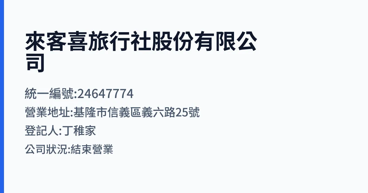 來客喜旅行社股份有限公司 - 統編 24647774(基隆市) 公司登記資料與營業項目詳細圖表