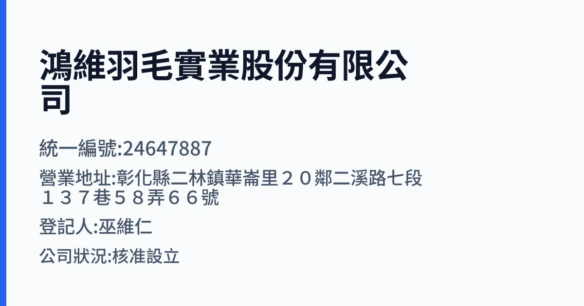 鴻維羽毛實業股份有限公司 - 統編 24647887(彰化縣) 公司登記資料與營業項目詳細圖表