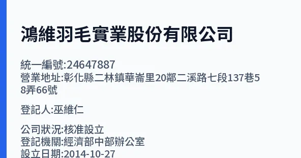 鴻維羽毛實業股份有限公司的照片-統編 24647887(彰化縣) 公司登記資料與營業項目詳細圖表
