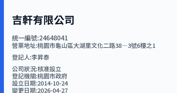 吉軒有限公司的照片-統編 24648041(桃園市) 公司登記資料與營業項目詳細圖表