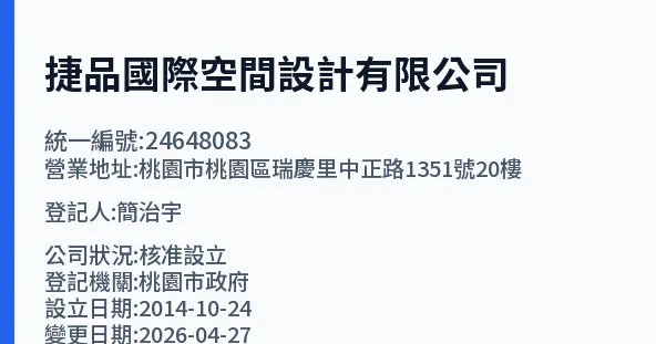 捷品國際空間設計有限公司的照片-統編 24648083(桃園市) 公司登記資料與營業項目詳細圖表