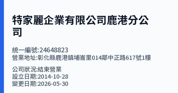 特家麗企業有限公司鹿港分公司的照片-統編 24648823(彰化縣) 公司登記資料與營業項目詳細圖表
