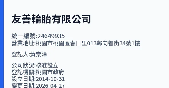 友善輪胎有限公司的照片-統編 24649935(桃園市) 公司登記資料與營業項目詳細圖表