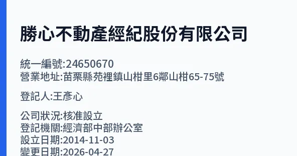 勝心不動產經紀股份有限公司的照片-統編 24650670(苗栗縣) 公司登記資料與營業項目詳細圖表