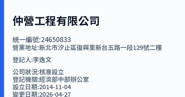 仲營工程有限公司的照片-統編 24650833(新北市) 公司登記資料與營業項目詳細圖表