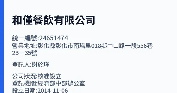 和僅餐飲有限公司的照片-統編 24651474(彰化縣) 公司登記資料與營業項目詳細圖表