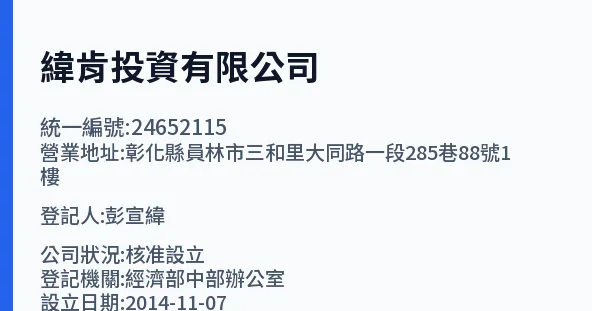 緯肯投資有限公司的照片-統編 24652115(彰化縣) 公司登記資料與營業項目詳細圖表