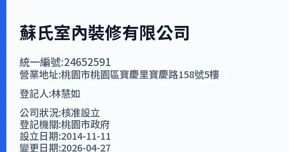 蘇氏室內裝修有限公司的照片-統編 24652591(桃園市) 公司登記資料與營業項目詳細圖表