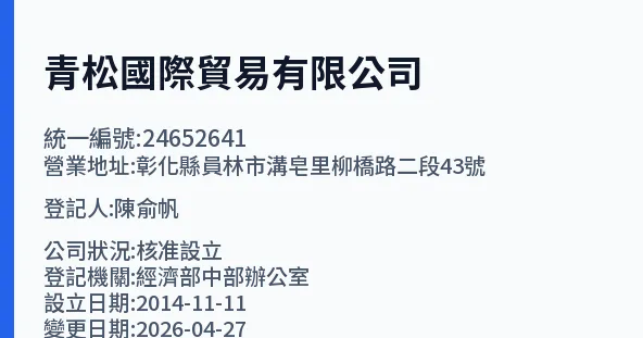 青松國際貿易有限公司的照片-統編 24652641(彰化縣) 公司登記資料與營業項目詳細圖表