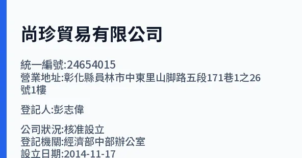 尚珍貿易有限公司的照片-統編 24654015(彰化縣) 公司登記資料與營業項目詳細圖表