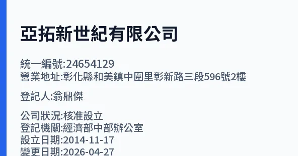 亞拓新世紀有限公司的照片-統編 24654129(彰化縣) 公司登記資料與營業項目詳細圖表