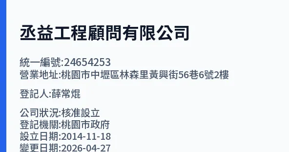 丞益工程顧問有限公司的照片-統編 24654253(桃園市) 公司登記資料與營業項目詳細圖表
