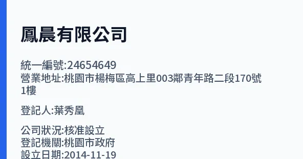 鳳晨有限公司的照片-統編 24654649(桃園市) 公司登記資料與營業項目詳細圖表