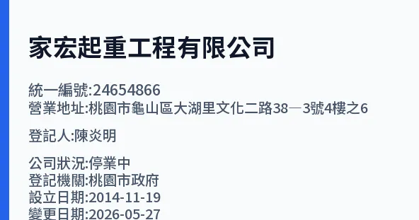 家宏起重工程有限公司的照片-統編 24654866(桃園市) 公司登記資料與營業項目詳細圖表