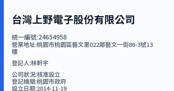 台灣上野電子股份有限公司的照片-統編 24654958(桃園市) 公司登記資料與營業項目詳細圖表