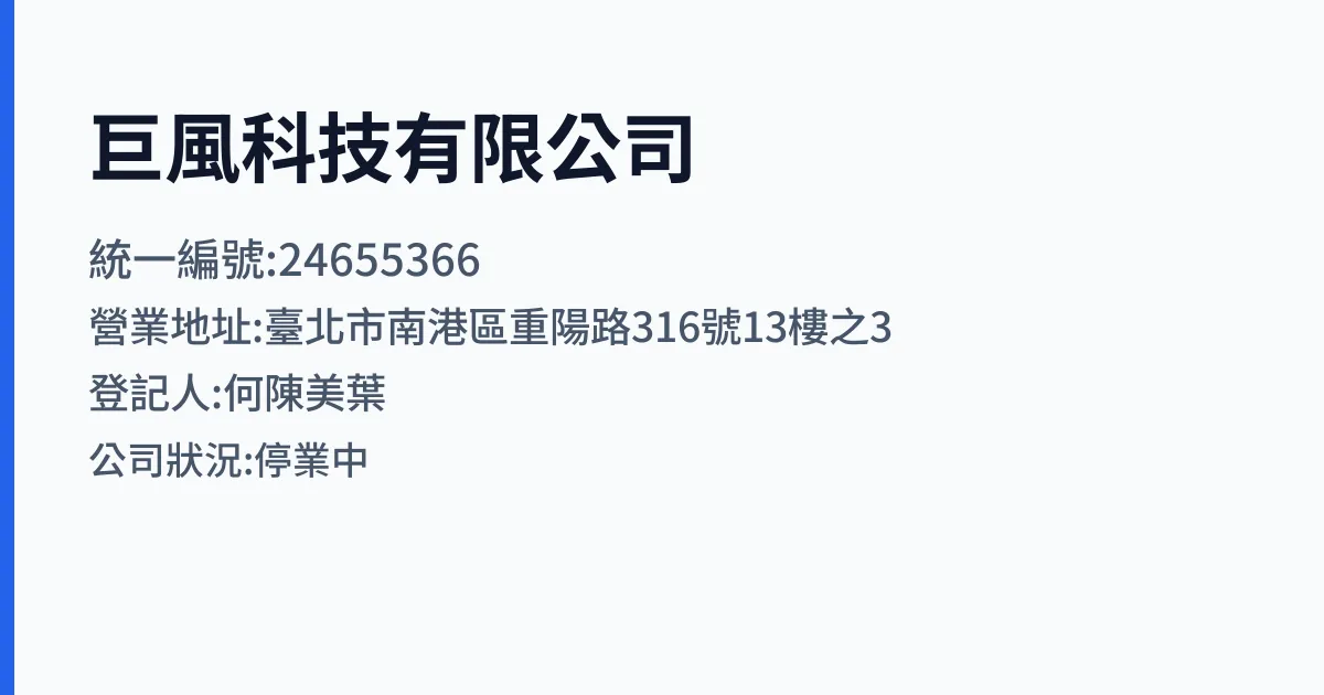 巨風科技有限公司 - 統編 24655366(臺北市) 公司登記資料與營業項目詳細圖表