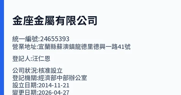 金座金屬有限公司的照片-統編 24655393(宜蘭縣) 公司登記資料與營業項目詳細圖表