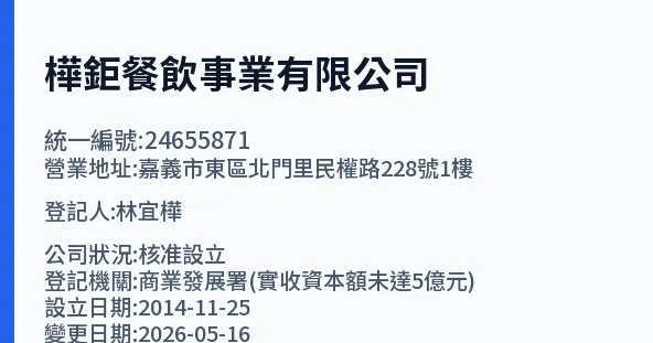 樺鉅餐飲事業有限公司的照片-統編 24655871(嘉義市) 公司登記資料與營業項目詳細圖表