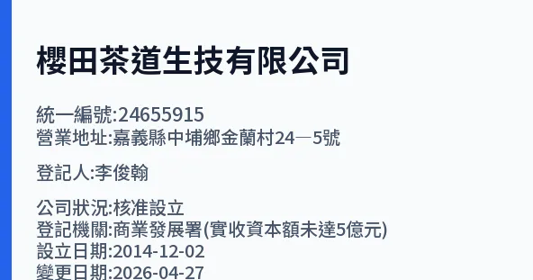 櫻田茶道生技有限公司的照片-統編 24655915(嘉義縣) 公司登記資料與營業項目詳細圖表