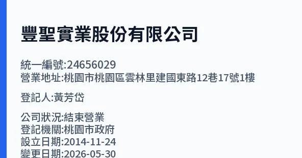 豐聖實業股份有限公司的照片-統編 24656029(桃園市) 公司登記資料與營業項目詳細圖表