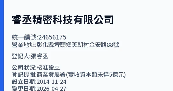 睿丞精密科技有限公司的照片-統編 24656175(彰化縣) 公司登記資料與營業項目詳細圖表
