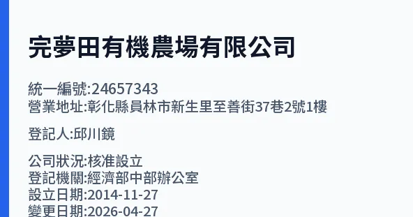 完夢田有機農場有限公司的照片-統編 24657343(彰化縣) 公司登記資料與營業項目詳細圖表