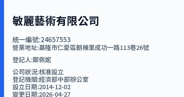 敏麗藝術有限公司的照片-統編 24657553(基隆市) 公司登記資料與營業項目詳細圖表