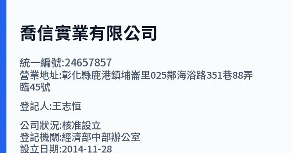 喬信實業有限公司的照片-統編 24657857(彰化縣) 公司登記資料與營業項目詳細圖表