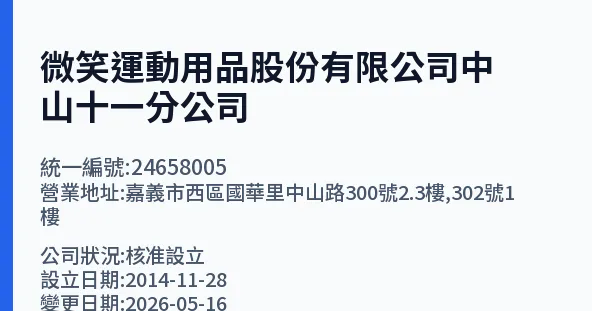 微笑運動用品股份有限公司中山十一分公司的照片-統編 24658005(嘉義市) 公司登記資料與營業項目詳細圖表