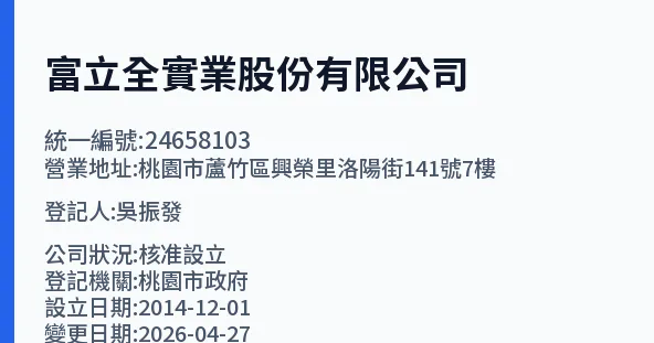 富立全實業股份有限公司的照片-統編 24658103(桃園市) 公司登記資料與營業項目詳細圖表