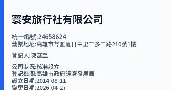 寰安旅行社有限公司的照片-統編 24658624(高雄市) 公司登記資料與營業項目詳細圖表